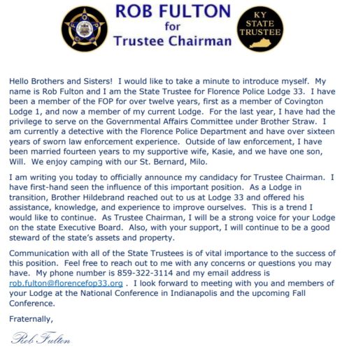Florence FOP 33 Rob Fulton for KY FOP State Trustee Chairman